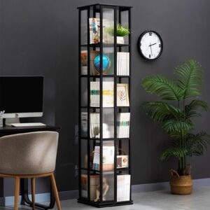 bvouvoi 360° rotating bookshelf tower 6tier spinning bookcase lazy susan floor standing book shelf storage rack revolving book display shelf for home office, living room, bedroom (black)