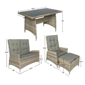 5 PCS Outdoor Furniture Set Patio Conversation Dining Set Outdoor Wicker Loveseat Sofa and Adjustable Highback Recliner Chair with Cushion Ottoman Glass Coffee Table Grey for Outside Porch Deck Lawn