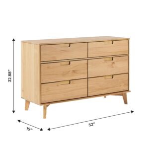 Walker Edison Mid-Century Modern Grooved Handle Wood 6-Drawer Dresser, 52 Inch, Natural Pine