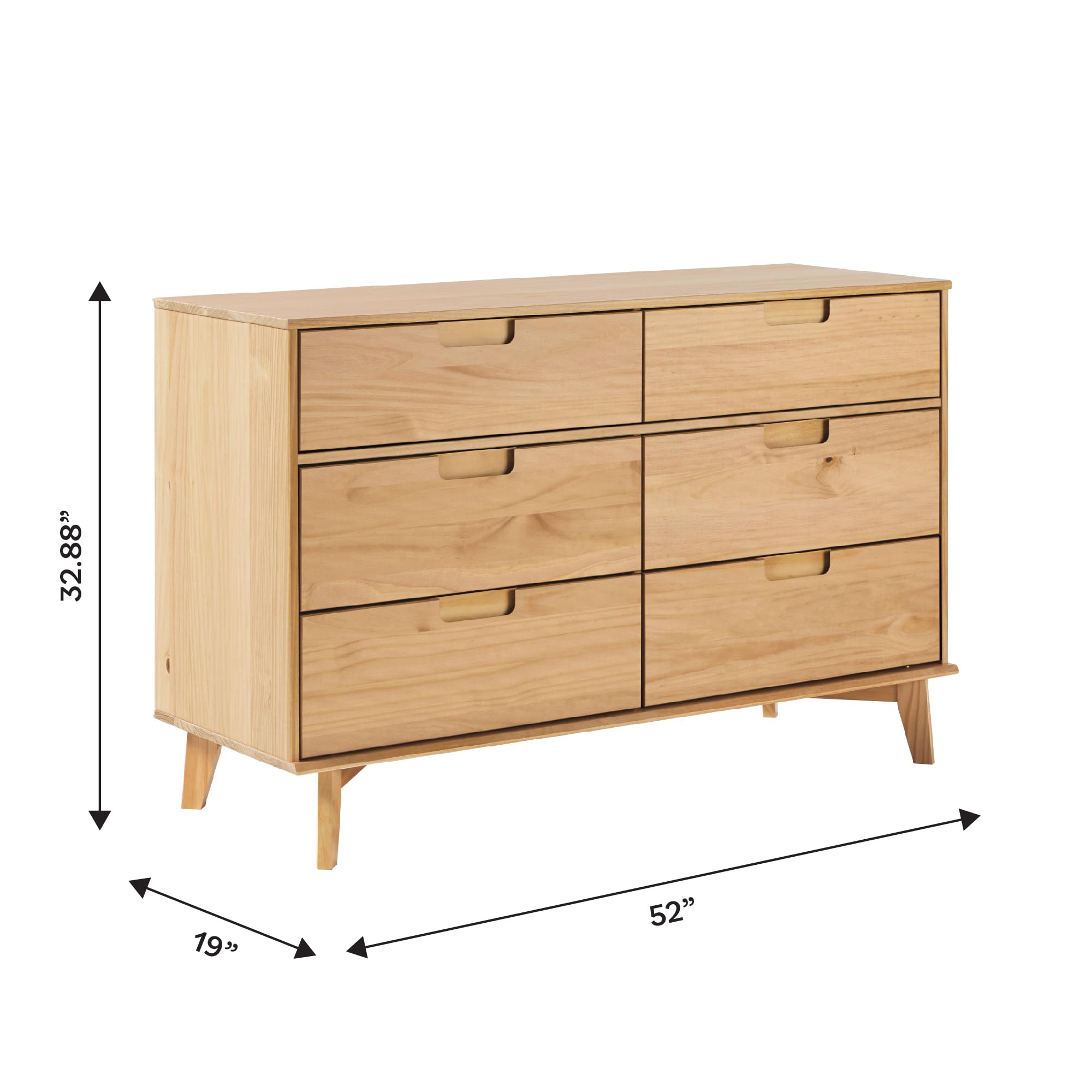 Walker Edison Mid-Century Modern Grooved Handle Wood 6-Drawer Dresser, 52 Inch, Natural Pine