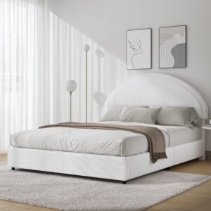 revominca queen bed frame, boucle upholstered bed frame with headboard, modern style, soft arch shaped round headboard, no box spring required, easy assembly, white