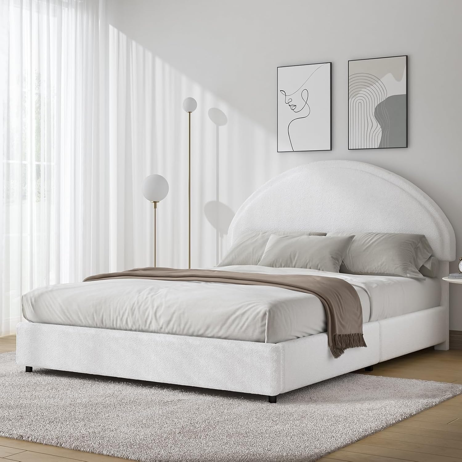 REVOMINCA Queen Bed Frame, Boucle Upholstered Bed Frame with Headboard, Modern Style, Soft Arch Shaped Round Headboard, No Box Spring Required, Easy Assembly, White