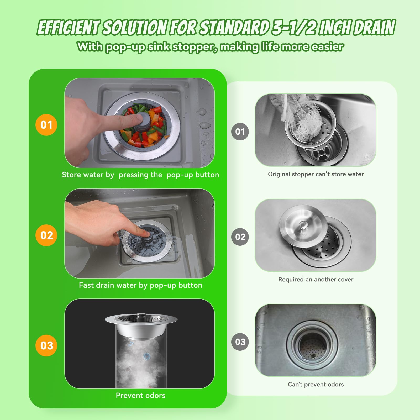 Kitchen Sink Drain Strainer, Pop-up Sink Stoppers, 3 in 1 Sink Drain Strainer, Upgraded Larger Sink Strainer Filter Basket, Cleaning Brush for US Sink Standard 3-1/2 Inch Drain Strainers