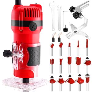 silvel wood router, 800w wood routers for woodworking, 6.5amp 1.25hp hand wood router tool, 30000r/min compact edge trimmer with 15 1/4" router bit set, red