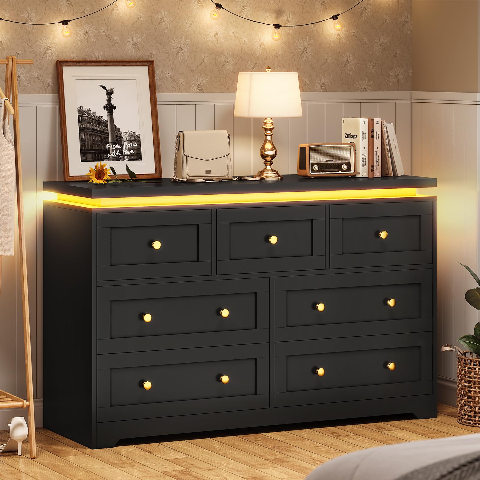 AOGLLATI Dresser for Bedroom, Black Dresser with 7 Drawers, Dressers & Chest of Drawers, Modern Led Wide Long Bedroom Dresser with Top Floating Design for Bedroom Hallway,Black