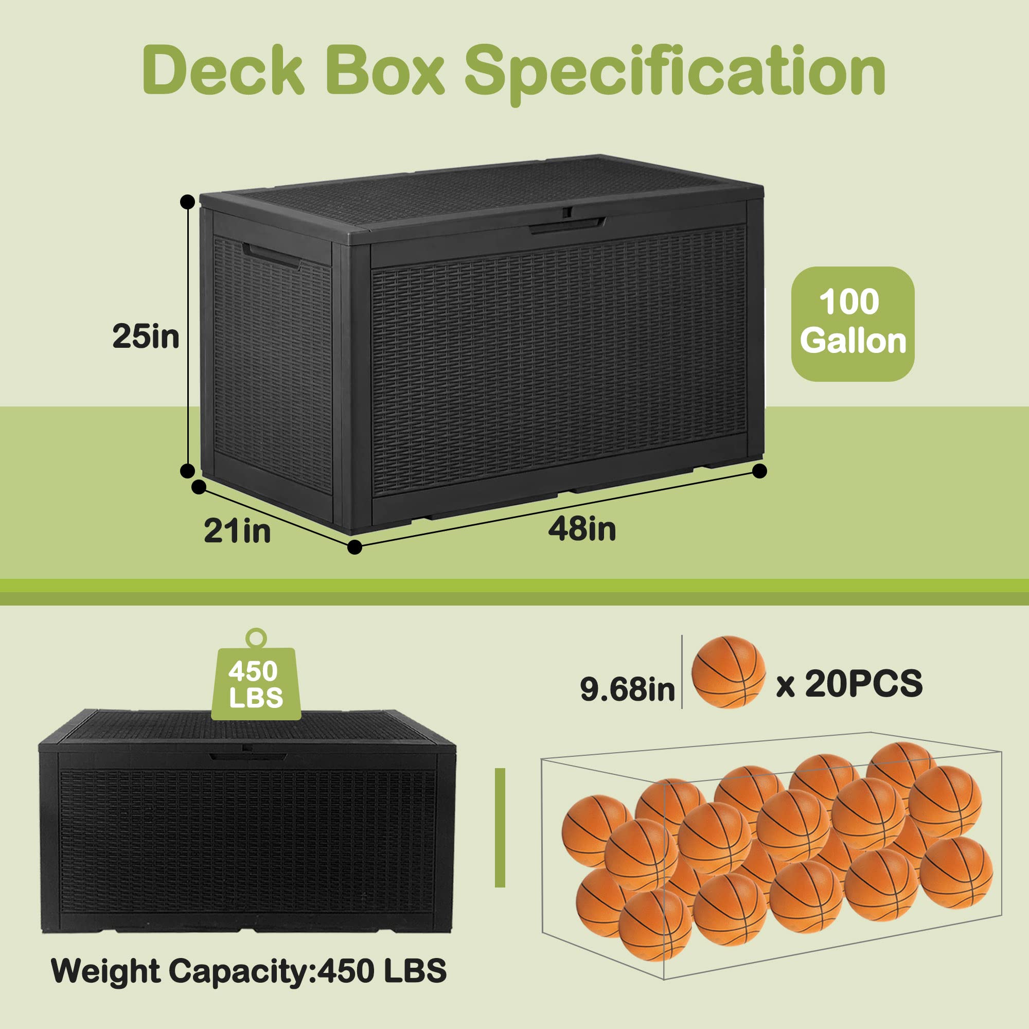 Capacmkseh 100 Gallon Large Deck Box Outdoor Storage Box with Lockable Lid, Waterproof UV Resistant Resin Storage Bench 450 LBS Weight Capacity for Patio Cushions, Gardening Tools, Pool Supplies