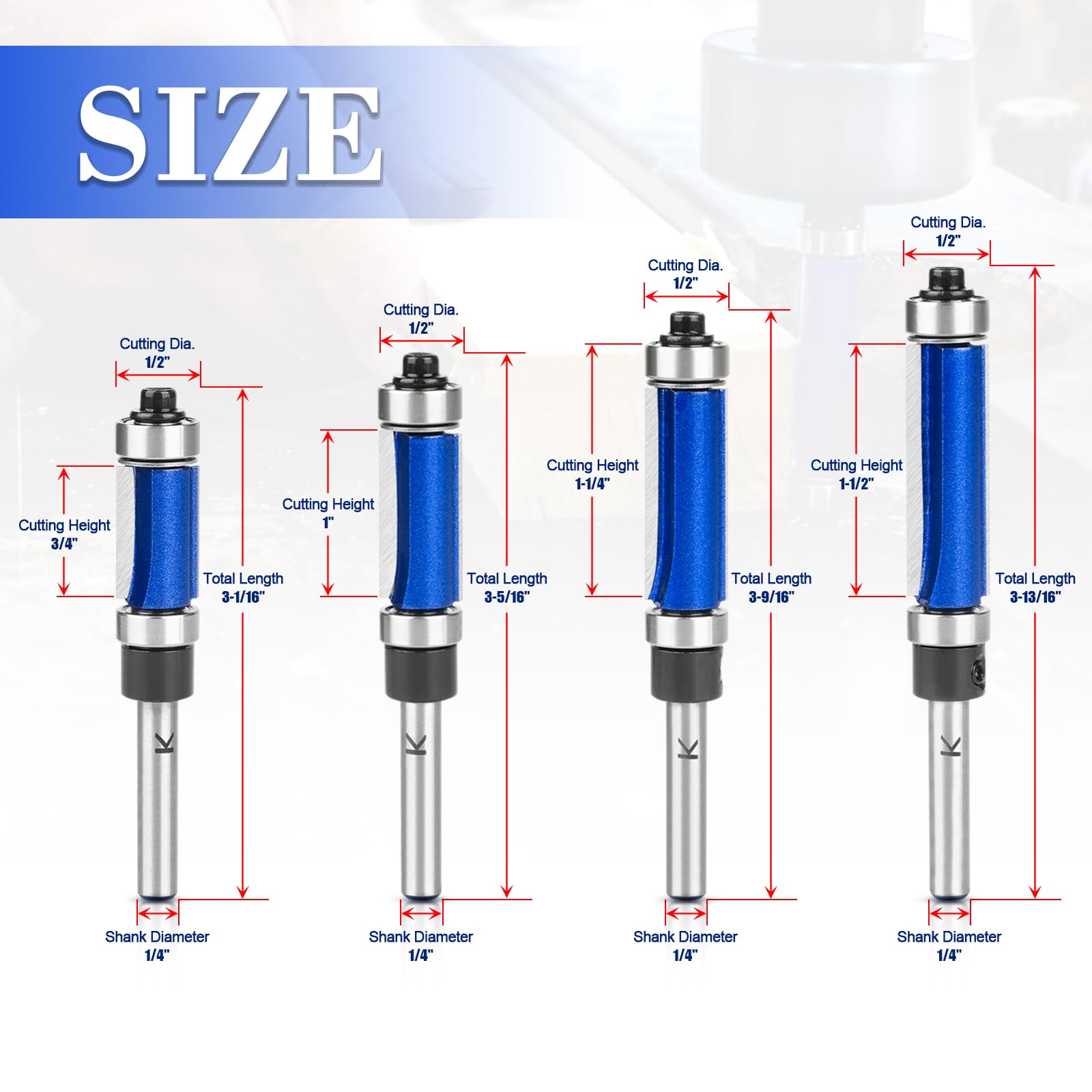 NICAVKIT 4Pcs Top and Bottom Bearing Flush Trim Router Bits Set 1/4 Inch Shank, Carbide Pattern Flush Trim Cut Router bit, 1/2 Inch Cutting Diameter, 3/4", 1", 1-1/4", 1-1/2" Inch Cutting Length