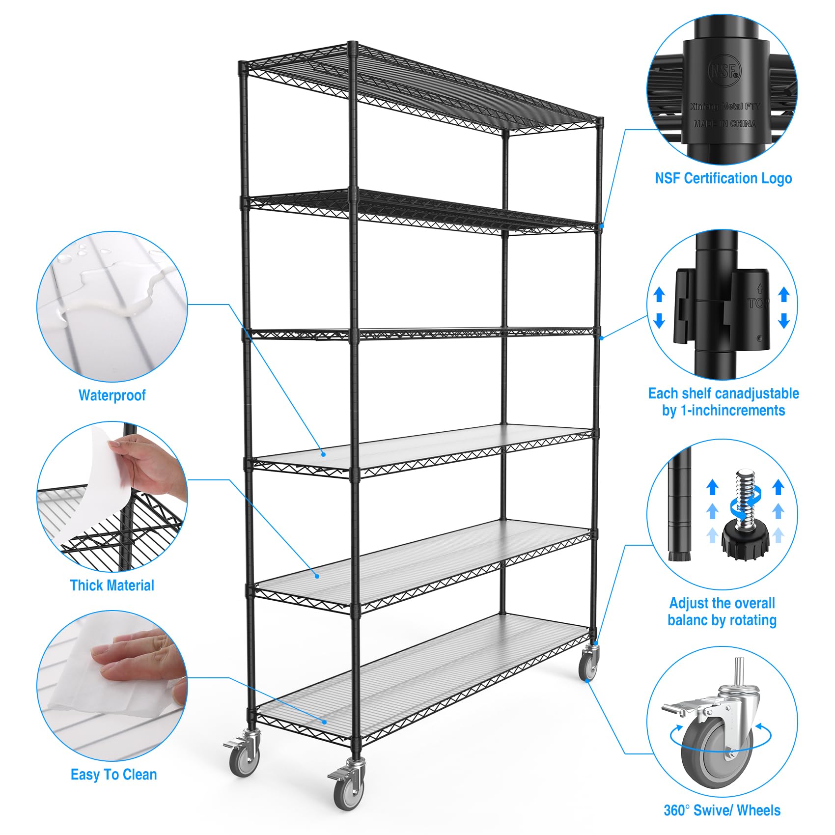 LOPOO 6-Tier Wire Shelving Unit, 6000 LBS Height Adjustable Metal Garage Storage Shelves w/Wheels, Heavy Duty Wire Rack, Industrial-Grade Steel Construction, Versatile Storage Solution for Home, Black