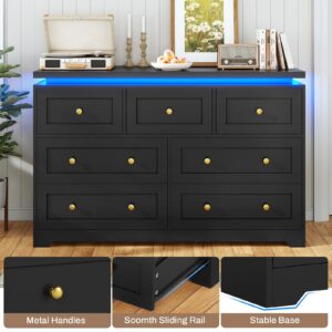 AOGLLATI Dresser for Bedroom, Black Dresser with 7 Drawers, Dressers & Chest of Drawers, Modern Led Wide Long Bedroom Dresser with Top Floating Design for Bedroom Hallway,Black