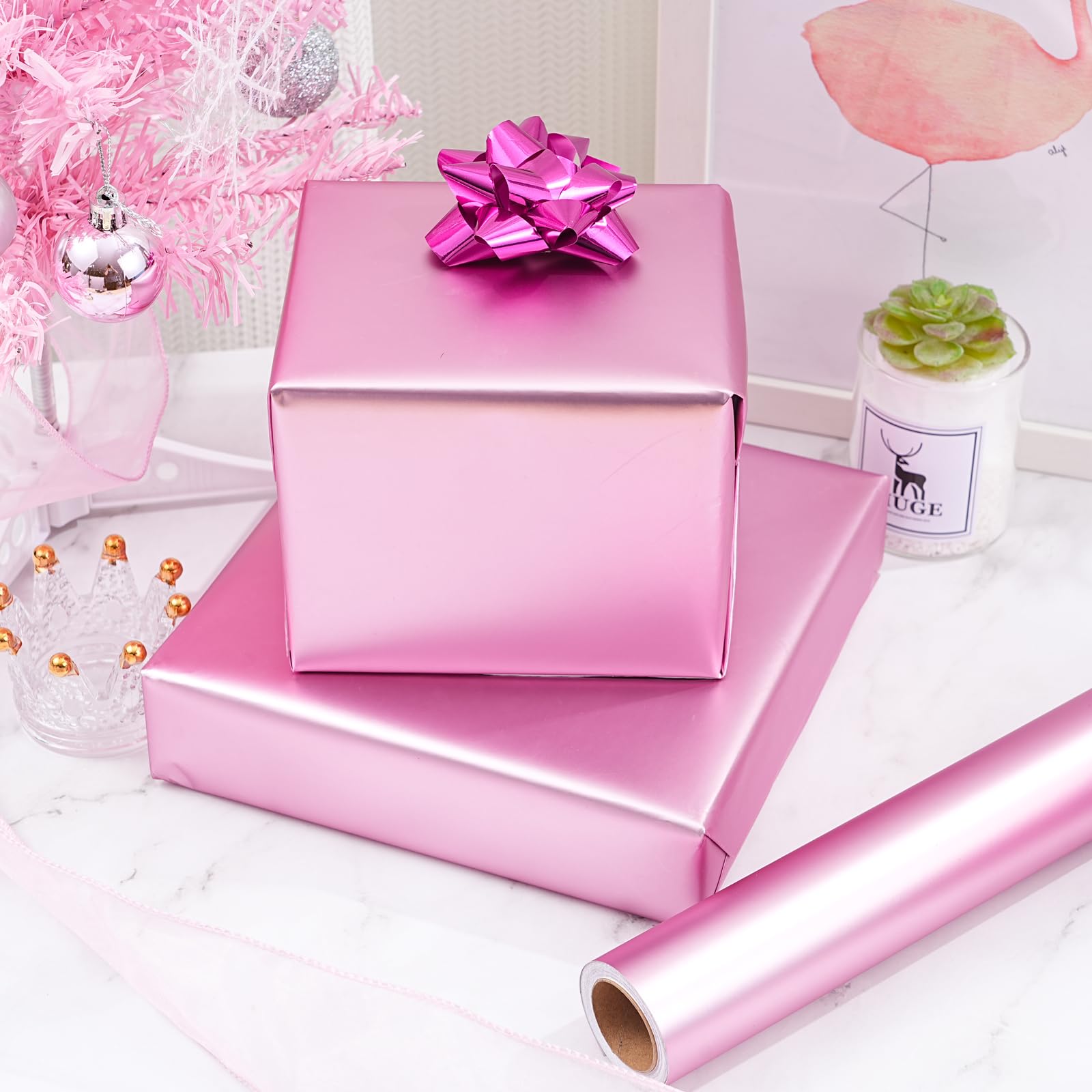 ZINTBIAL Metallic Pink Wrapping Paper Roll with Cut Lines - Solid Pink Holiday Gift Wrap for Halloween, Christmas, Birthdays, Baby Shower, Wedding - 17.5 in x 33 ft (48 sq. ft), Easy to Cut