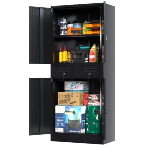 locenhu garage storage cabinet with locking doors,tool storage cabinet with 2 drawer and adjustable shelves-71 h storage cabinet for garage, warehouse,home,office,school(black),requires installation