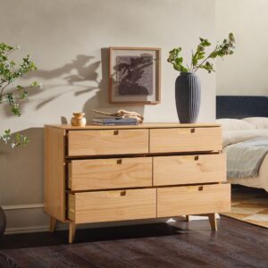 Walker Edison Mid-Century Modern Grooved Handle Wood 6-Drawer Dresser, 52 Inch, Natural Pine