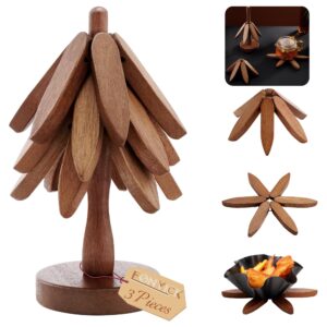 wooden tree coasters with holder, wooden trivets for hot dishes decorative christmas tree shape includes 3 pcs hot plate mats, tree trivets for hot pots and pans, hot pads for countertop, sapele