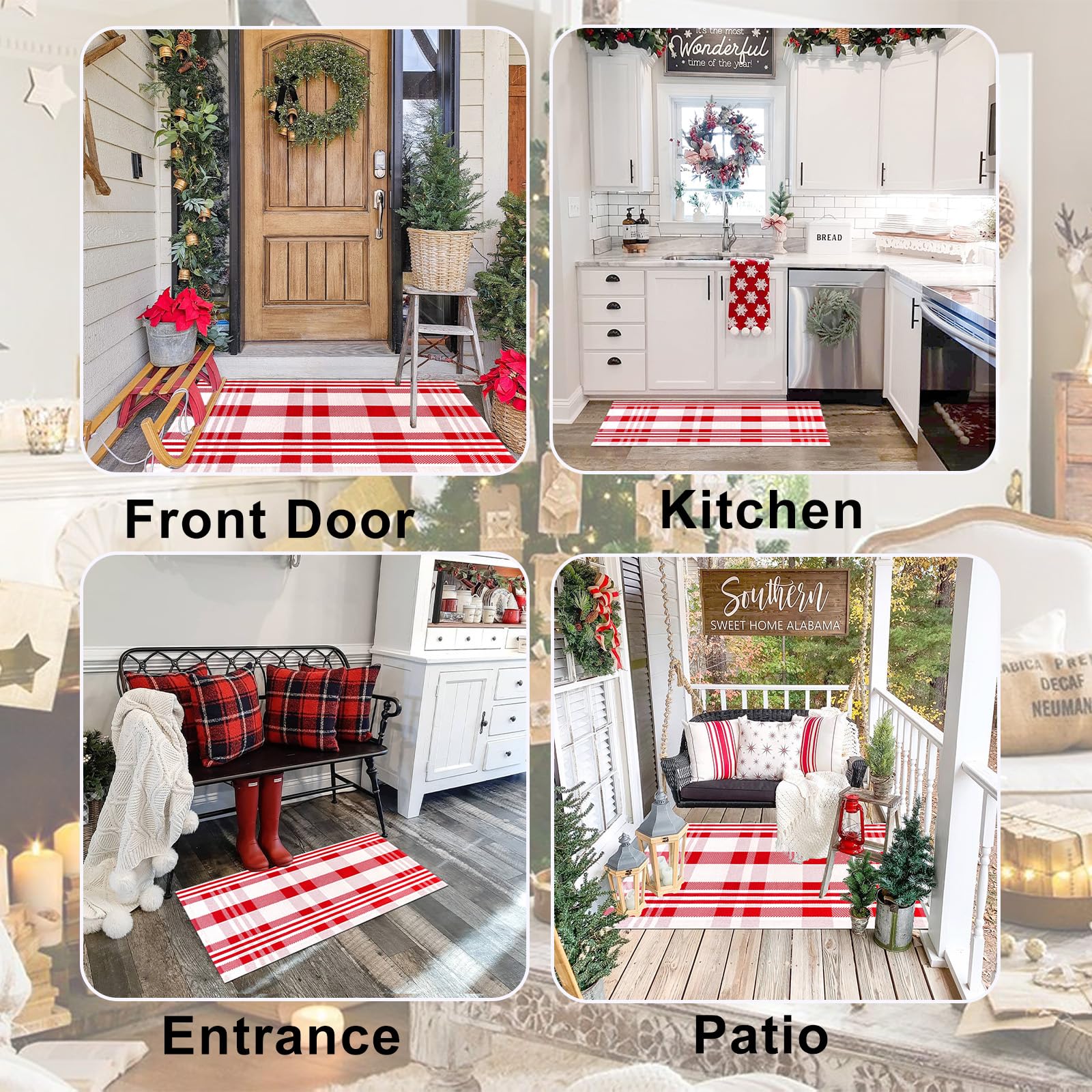 Fallovea Christmas Rugs Red and White Plaid, 4'x6' Area Rug Outdoor Indoor Front Porch Doormat Cotton Hand-Woven Layered Door Mats for Entryway Patio Entryway Laundry Bedroom Living Room