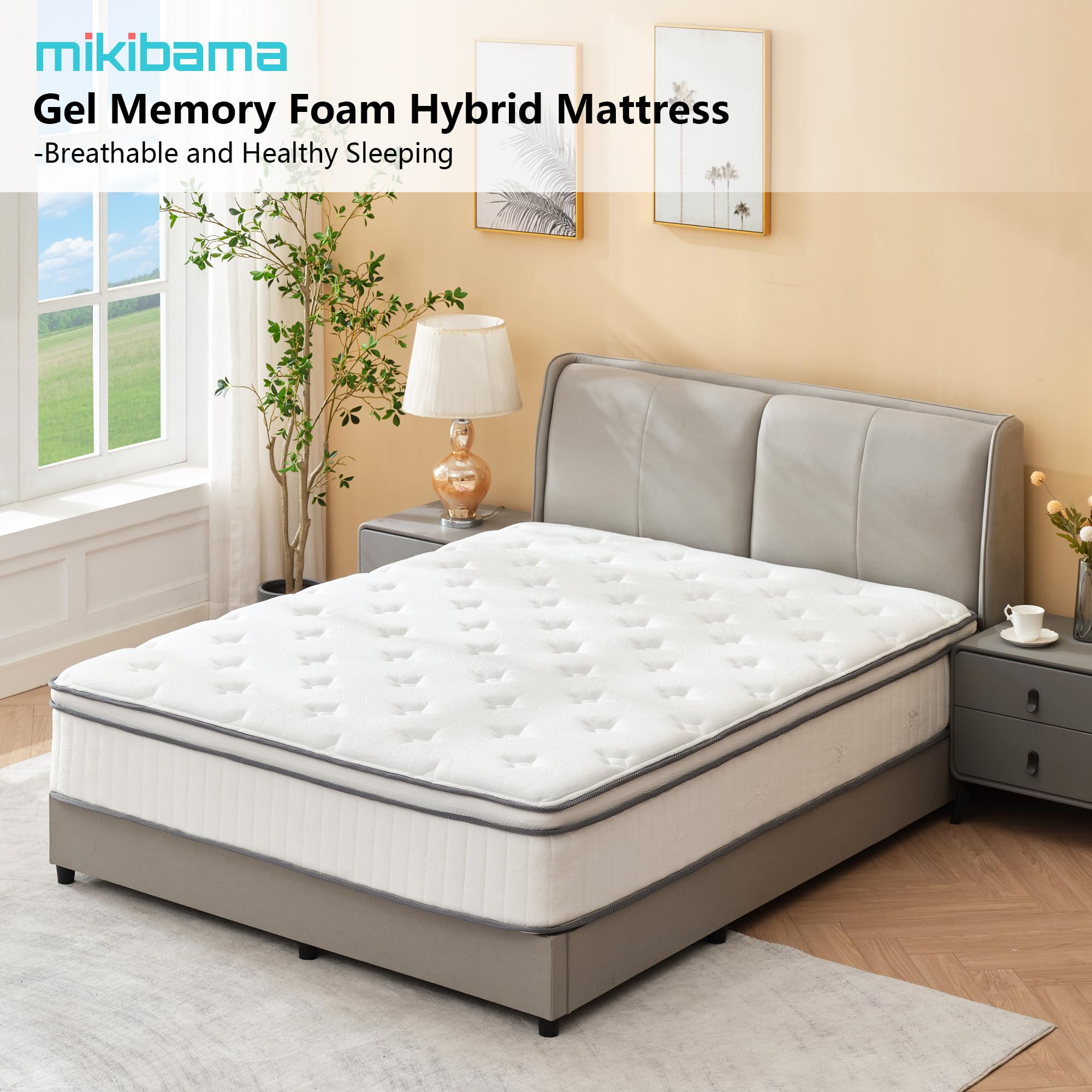 mikibama Queen Size Mattress, 14 Inch Hybrid Queen Mattress in a Box, Queen Bed Mattress with Memory Foam and Pocket Spring,Tight Top Medium Firm Feel, 60"*80"*14"