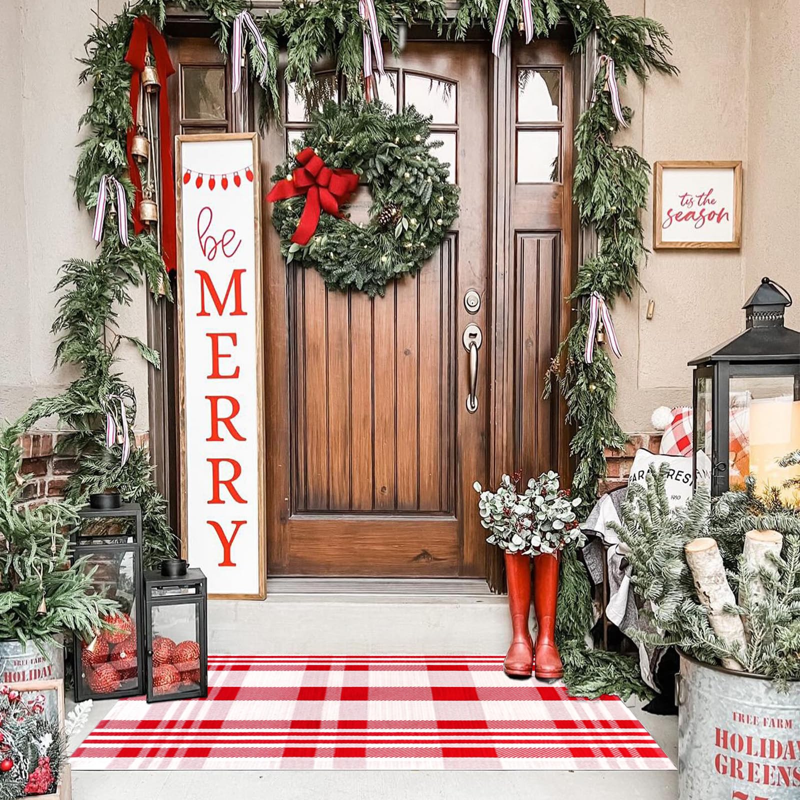 Fallovea Christmas Rugs Red and White Plaid, 4'x6' Area Rug Outdoor Indoor Front Porch Doormat Cotton Hand-Woven Layered Door Mats for Entryway Patio Entryway Laundry Bedroom Living Room