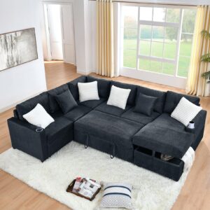 winjoy 113 inch sectional sleeper sofa with storage chaise, 6 seater modular pull out sofa bed, 6 corduroy pillows, dark gray