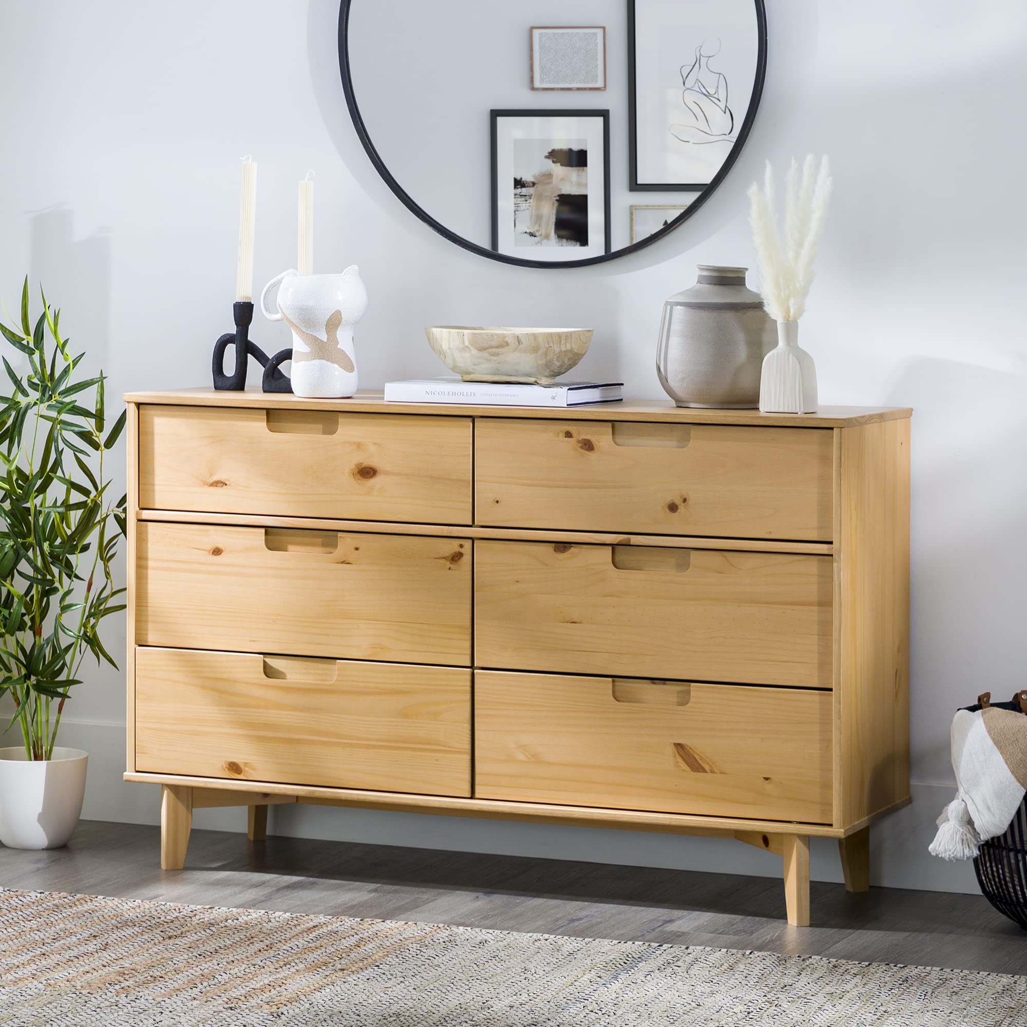 Walker Edison Mid-Century Modern Grooved Handle Wood 6-Drawer Dresser, 52 Inch, Natural Pine