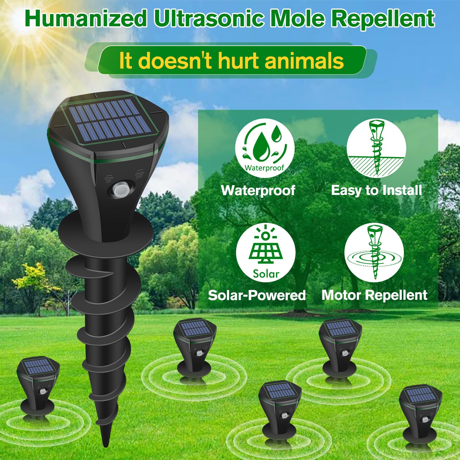 Ultrasonic Mole Repellent Outdoor, 2024 Upgrade Mole Repellent Solar-Powered for Lawn Garden Yard, Mole and Vole Repellent Waterproof, Effectively Repels Gophers Snake Chipmunks Groundhogs, 4P-Black