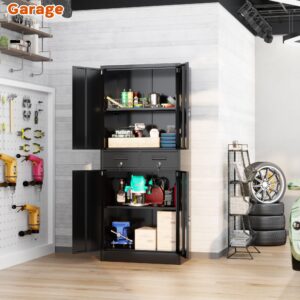 LOCENHU Garage Storage Cabinet with Locking Doors,Tool Storage Cabinet with 2 Drawer and Adjustable Shelves-71 H Storage Cabinet for Garage, Warehouse,Home,Office,School(Black),Requires Installation