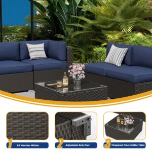 Incbruce 7-Piece Patio Furniture Set, PE Black Brown Wicker Rattan Outdoor Sectional Couch, Patio Conversation Set with Glass Table (Dark Blue)