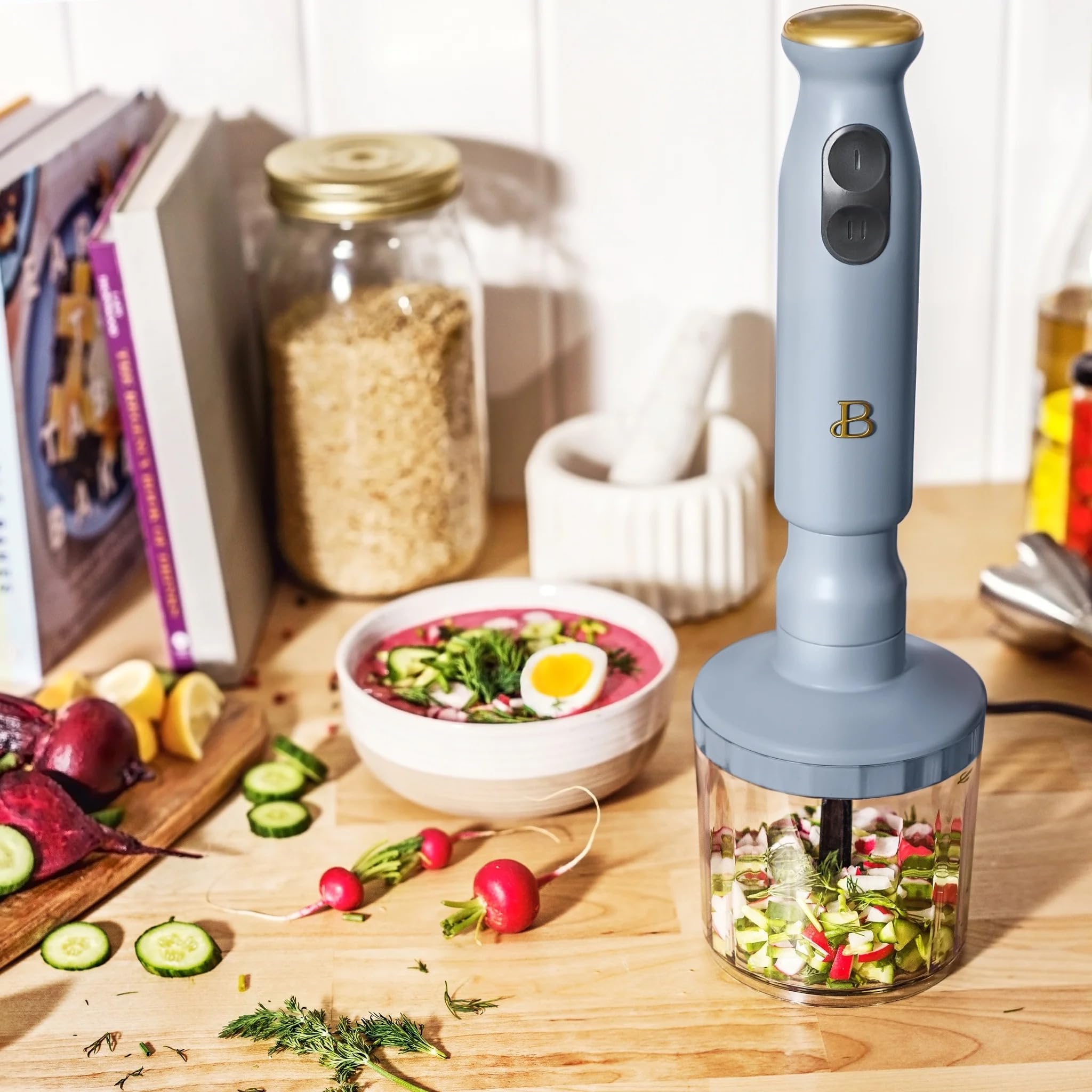 The Beautiful 2-Speed Immersion Blender with Chopper & Measuring Cup, Cornflower Blue by Drew Barrymore