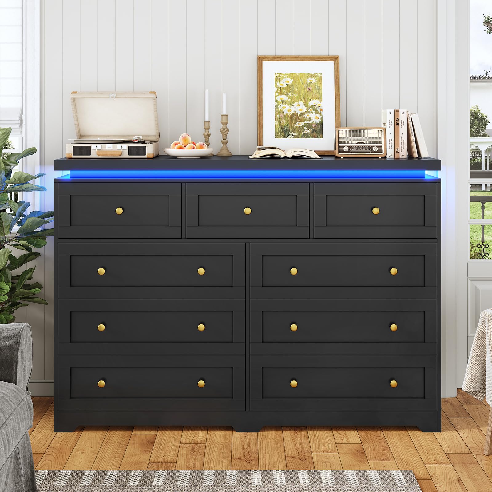 AOGLLATI Tall Dresser for Bedroom with 9 Drawers,55.1” Long Black Dresser with Led Lights, Modern Chest of Drawers, Led Wide Bedroom Dresser with Top Floating Design for Bedroom Hallway,Black