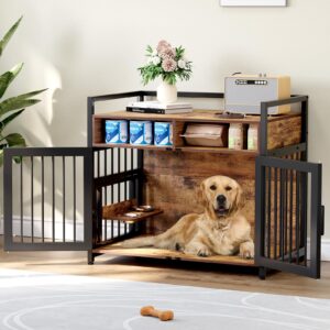 41" Dog Crate Furniture with Drawers,Large Wooden Dog Crate for Large Small Medium Dogs,Metal Indoor Dog Crate for Pet