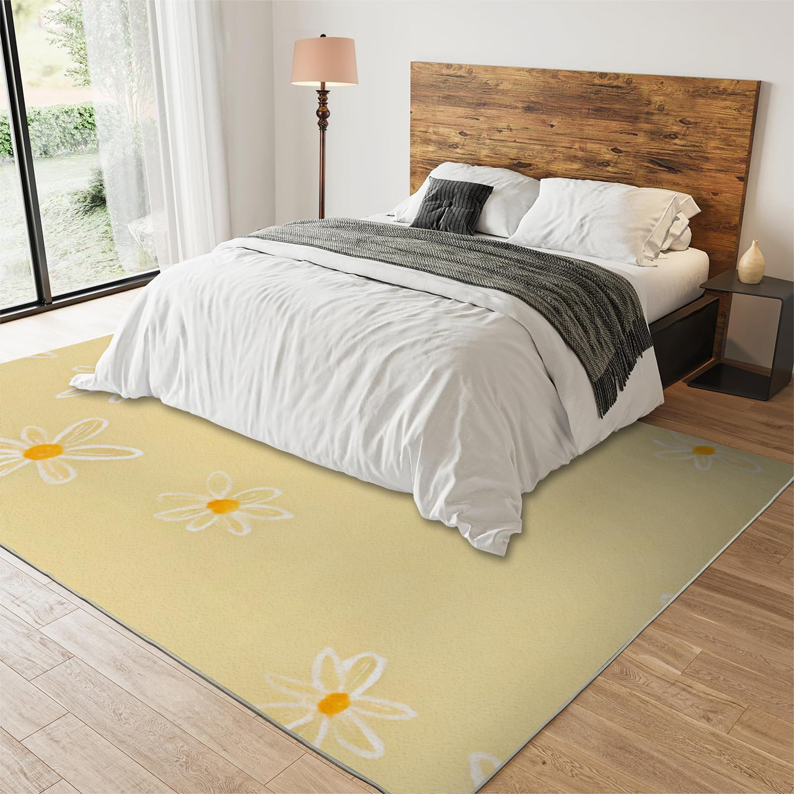 TIMOILU 3x5 Rug Light Yellow Sunshine Daisy Washable Rugs, Simple Nordic Freshness Bedroom Rugs with Non Slip Backing for Bedroom Hotel Hardwood Floors Garage Farmhouse