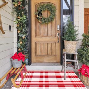 Fallovea Christmas Rugs Red and White Plaid, 4'x6' Area Rug Outdoor Indoor Front Porch Doormat Cotton Hand-Woven Layered Door Mats for Entryway Patio Entryway Laundry Bedroom Living Room