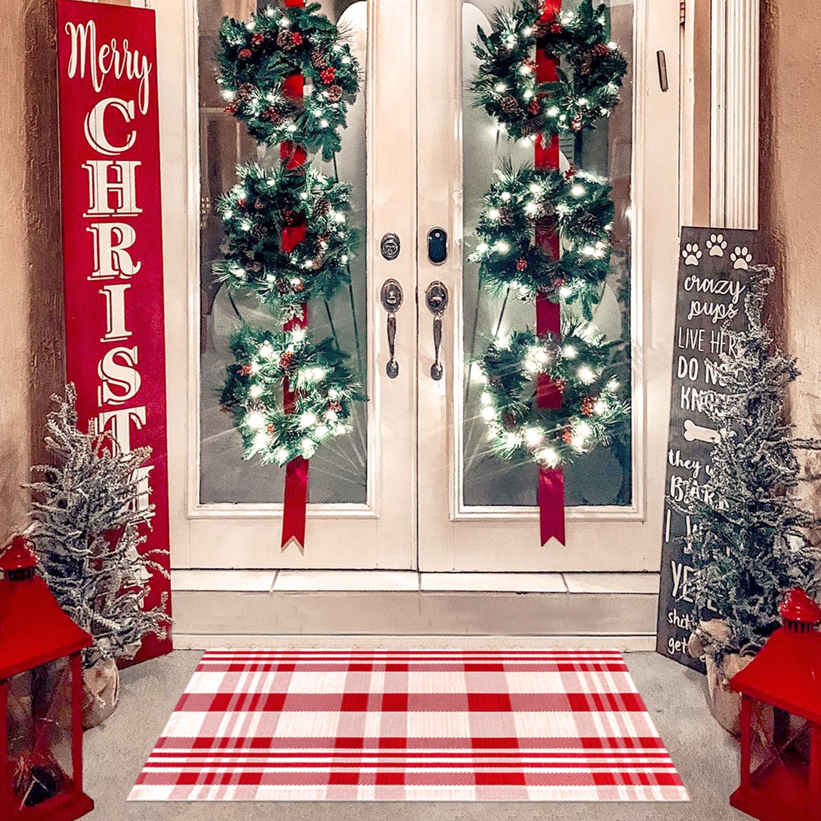 Fallovea Christmas Rugs Red and White Plaid, 4'x6' Area Rug Outdoor Indoor Front Porch Doormat Cotton Hand-Woven Layered Door Mats for Entryway Patio Entryway Laundry Bedroom Living Room