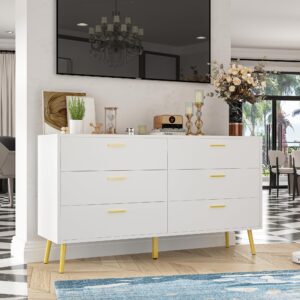 homsee 6 drawer double dresser storage chest of drawers, 54”l wood dresser chest with gold metal legs for bedroom, living room & hallway, white (54”l x 15.6”w x 30.1”h)