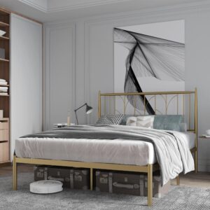 idealhouse metal bed frame, queen platform bed with modern style headboard and mattress foundation with spacious underbed storage, spring needed, easy assembly, gold