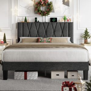 onbrill queen bed frame with headboard, heavy-duty linen upholstered platform bed frame w/charging and storage, button tufted, wooden slats support, no box spring needed, easy assembly, dark grey