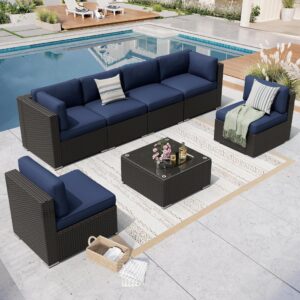 Incbruce 7-Piece Patio Furniture Set, PE Black Brown Wicker Rattan Outdoor Sectional Couch, Patio Conversation Set with Glass Table (Dark Blue)