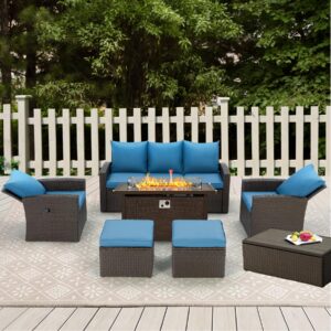 gyutei 7 piece patio furniture set w/ 44" propane fire pit table, outdoor sectional conversation rattan sofa set with recliner, storage coffee table for garden, porch, backyard(blue)