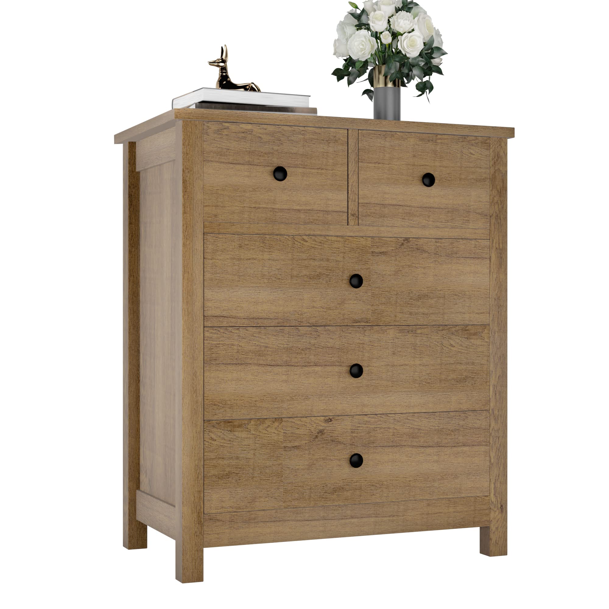 IDEALHOUSE Dresser for Bedroom, 5 Drawer Dresser Wood Dresser with Metal Handle, Modern Chest of Drawers for Bedroom, Entryway, Hallway, Light Brown