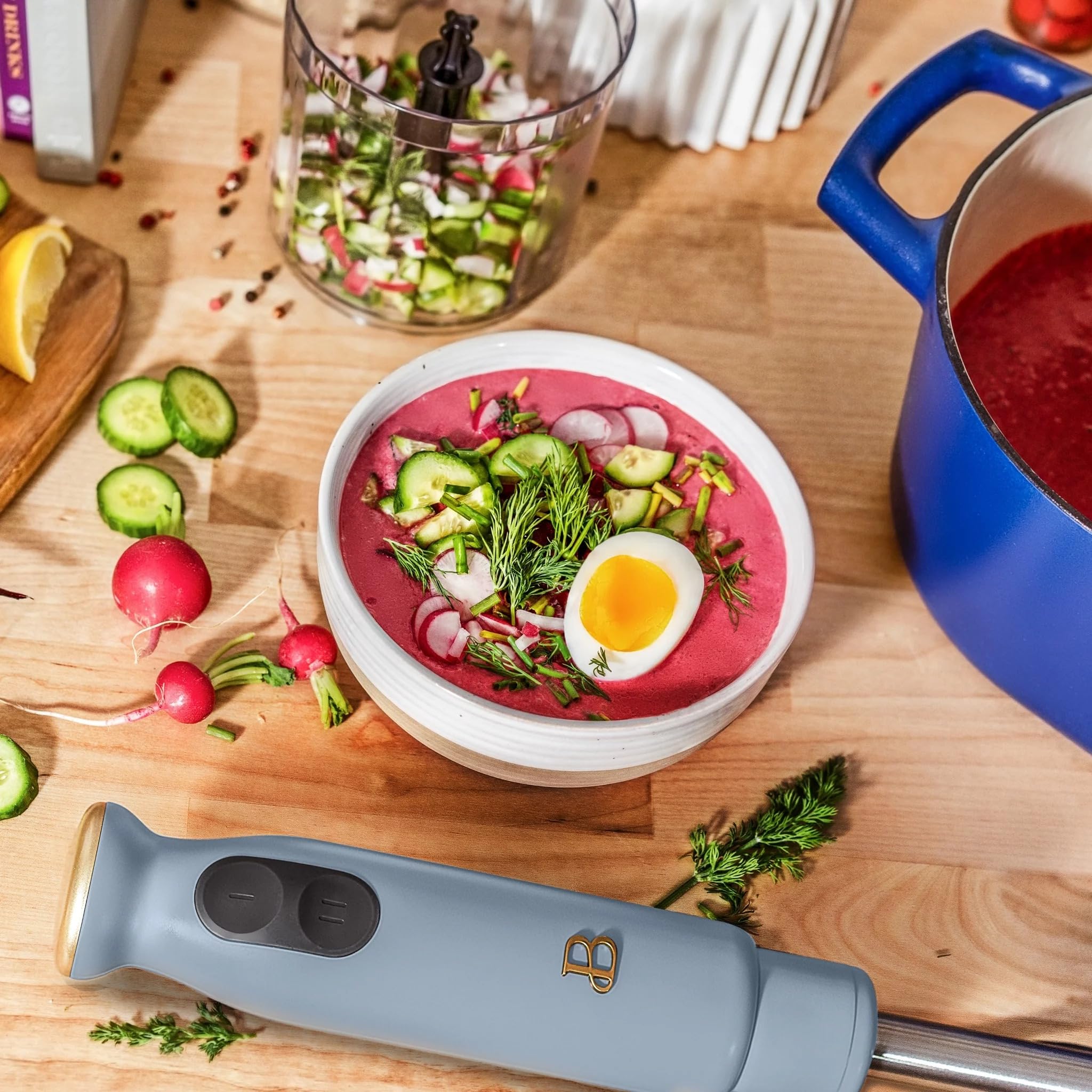 The Beautiful 2-Speed Immersion Blender with Chopper & Measuring Cup, Cornflower Blue by Drew Barrymore