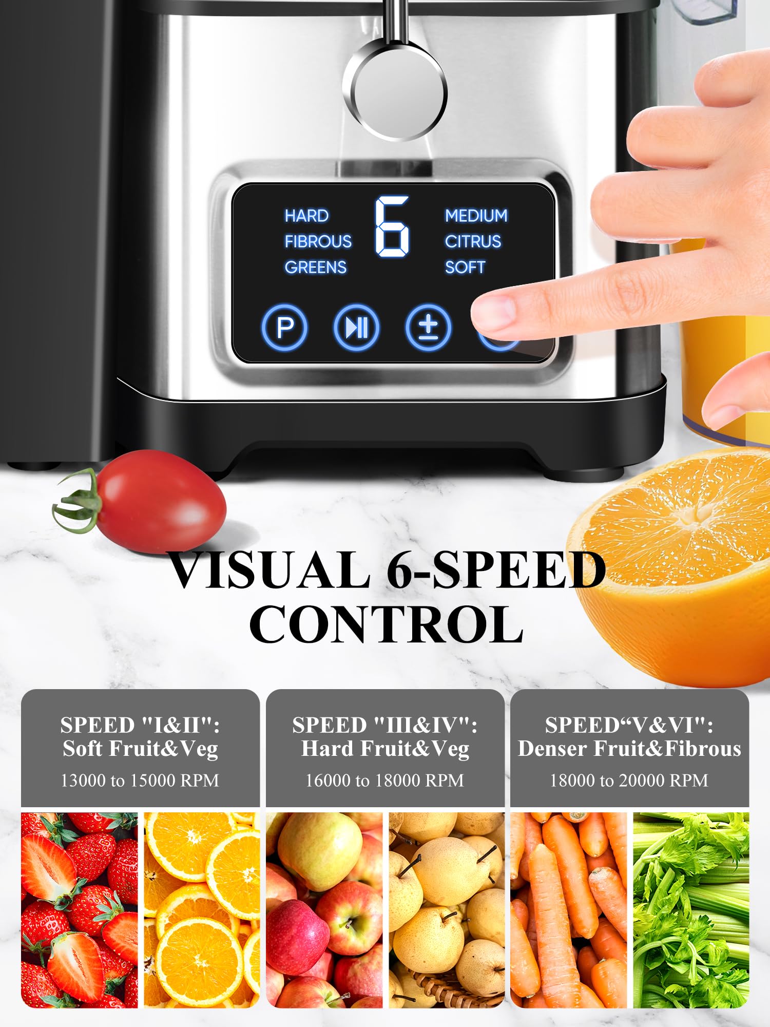 1200W 6-Speed Touch LCD Screen Centrifugal Juicer with 3.5" Big Wide Chute, Healnitor Juice Extractor Machines Vegetable and Fruit, Titanium Enhanced Filter, Easy Clean, BPA-Free, Silver