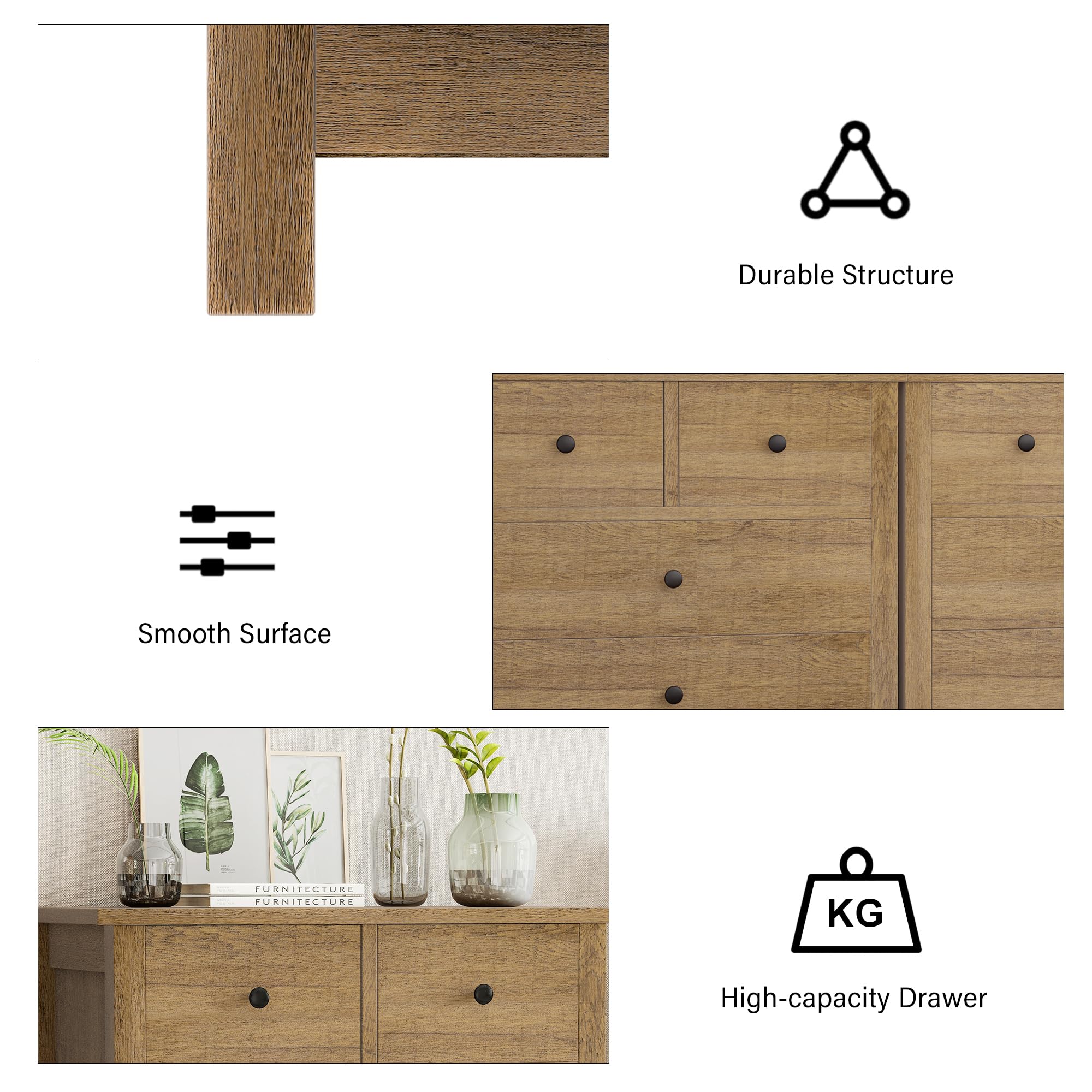 IDEALHOUSE Dresser for Bedroom, 5 Drawer Dresser Wood Dresser with Metal Handle, Modern Chest of Drawers for Bedroom, Entryway, Hallway, Light Brown