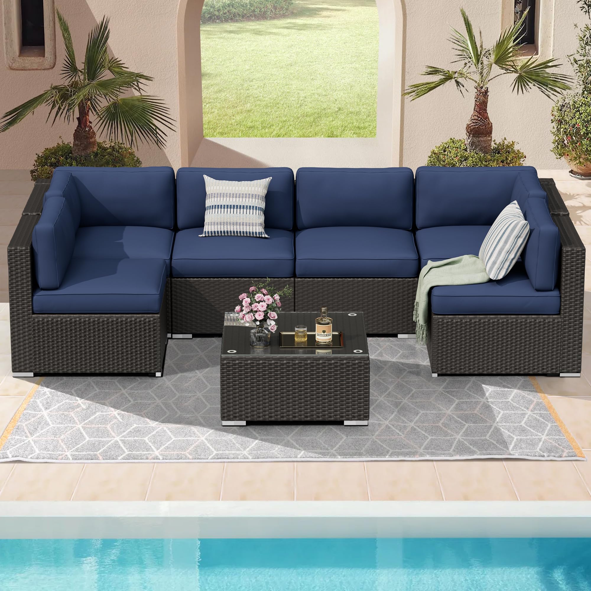 Incbruce 7-Piece Patio Furniture Set, PE Black Brown Wicker Rattan Outdoor Sectional Couch, Patio Conversation Set with Glass Table (Dark Blue)