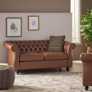 merax 61" retro pu leather chesterfield loveseat with button tufted and rolled arm, mid century small couch sofa love seat for bedroom, office, living room & apartment, easy assembly furniture, brown