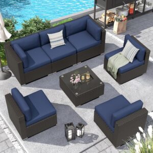 Incbruce 7-Piece Patio Furniture Set, PE Black Brown Wicker Rattan Outdoor Sectional Couch, Patio Conversation Set with Glass Table (Dark Blue)