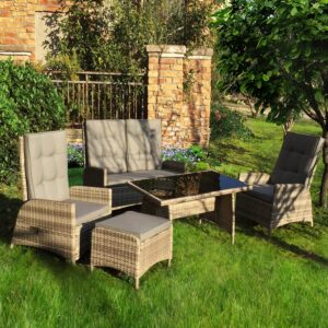 5 PCS Outdoor Furniture Set Patio Conversation Dining Set Outdoor Wicker Loveseat Sofa and Adjustable Highback Recliner Chair with Cushion Ottoman Glass Coffee Table Grey for Outside Porch Deck Lawn