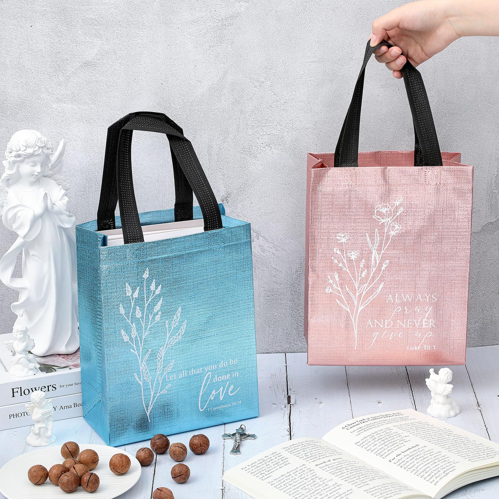 Sweetude 20 Pcs Christmas Inspirational Christian Gift Bags Bulk with Handle Aesthetics Bible Verse Gift Bags Baptism Bags Reusable Non Woven Bags for Family Church Religious Party Favor(Mild Color)