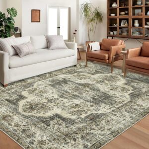 garveehome 9x12 area rug washable rugs for living room vintage rug large medallion indoor carpet traditional floral print distressed carpet non-slip backing foldable thin rug for bedroom dining taupe