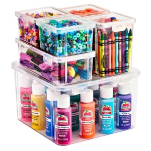 sorbus 6 piece art supply storage organizer - stackable plastic storage bins set for organizing yarn, ribbon, crafts, beads, craft supplies - organizer storage boxes with hinged lids - variety pack