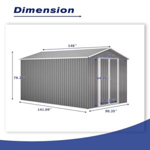 Ball & Cast 8x12 FT Storage Shed with Lockable Doors,All Weather Outdoor Metal Tool House W/Floor Frame and 2 Vents,for Backyard,Patio,Lawn,Garden,Grey