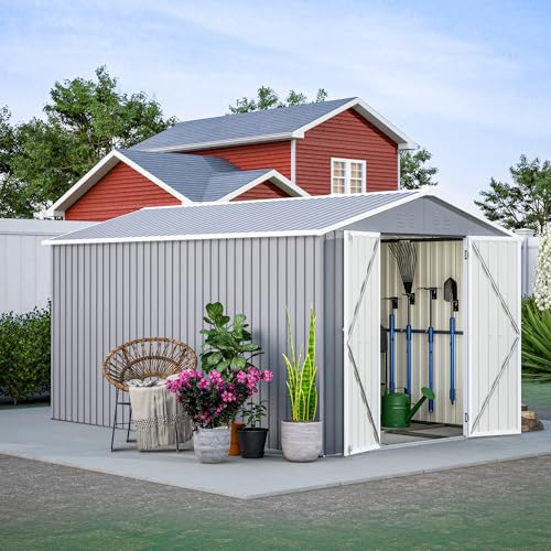 Ball & Cast 8x12 FT Storage Shed with Lockable Doors,All Weather Outdoor Metal Tool House W/Floor Frame and 2 Vents,for Backyard,Patio,Lawn,Garden,Grey