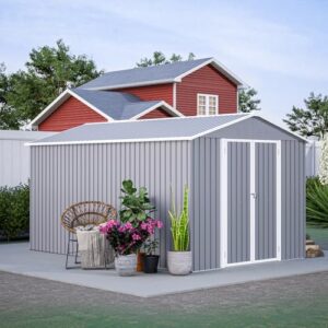 Ball & Cast 8x12 FT Storage Shed with Lockable Doors,All Weather Outdoor Metal Tool House W/Floor Frame and 2 Vents,for Backyard,Patio,Lawn,Garden,Grey